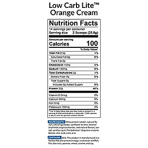 BioTrust Low Carb Lite, 20 Grams of Grass-Fed Whey Protein Isolate, 100 Calories, ProHydrolase Digestive Enzymes, Non-GMO, Free from Soy and Gluten, rBGH-Free (14 Servings) (Orange Cream)