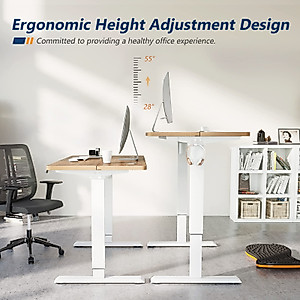 KKL 55-inch Height Adjustable Electric Standing Desk, 55 x 28 Inches Stand Up Desk with Splice Board and Hook, Sit Stand Desk with Greige Top and White Frame