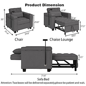 Sofa Bed, 3-in-1 Convertible Chair Bed Sleeper with Phone Holder, Pull Out Sofa Bed with w USB&Type C Port and Wireless Charging, Reading Chair with Adjustable Backrest, Sofa Bed Couch for Living Room