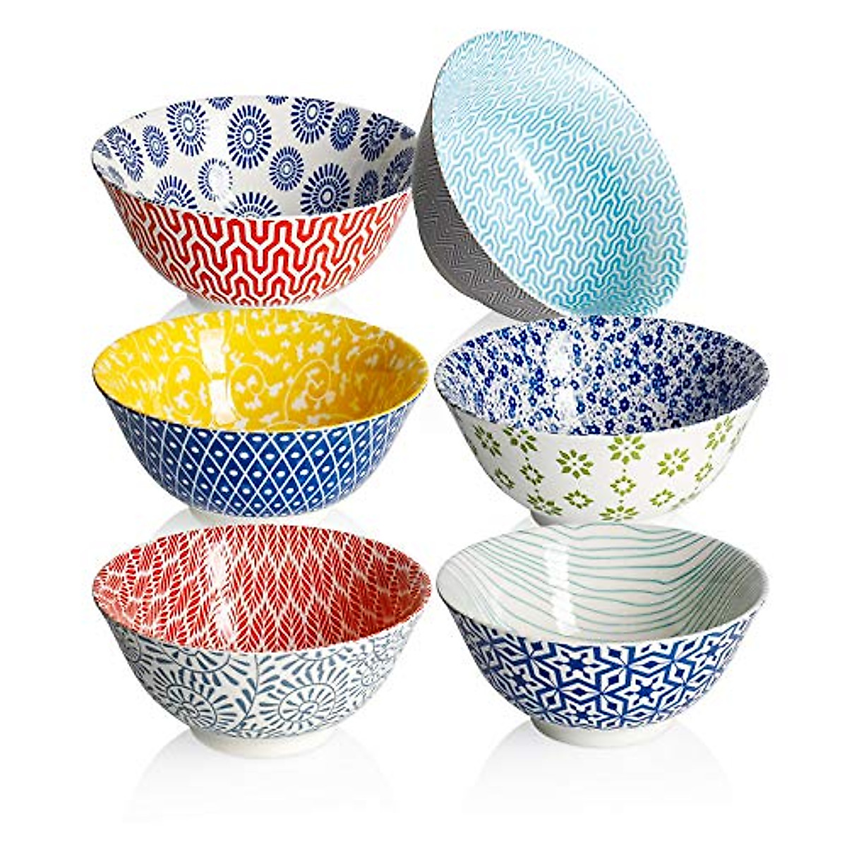Amazingware Porcelain Salad Bowls - 18 Ounce for Cereal, Soup, Salad and Pasta, Bowl Set of 6, Assorted Designs