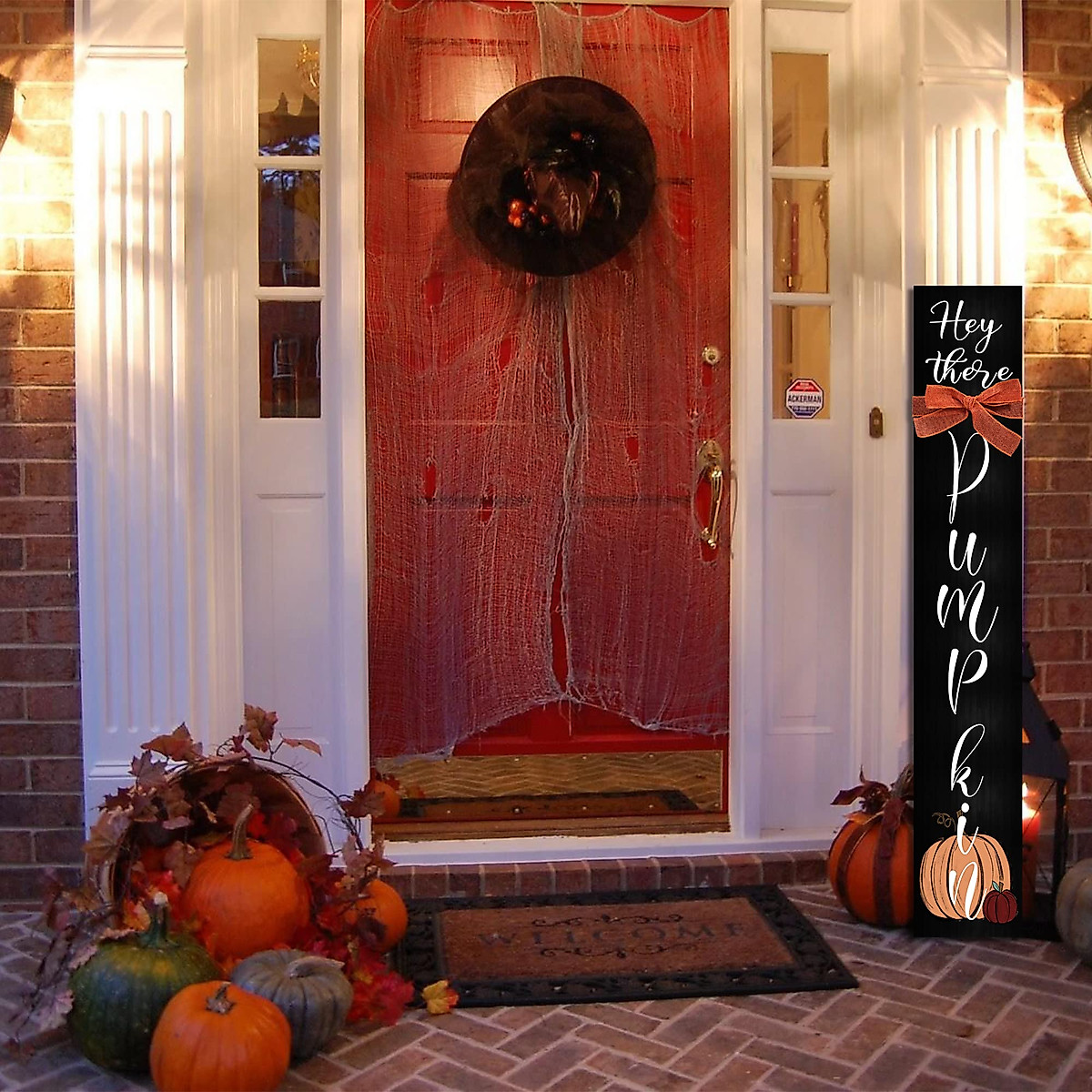 ARTUFAN Fall Wooden Porch Sign with 'Hey there pumpkinf'and orange burlap bow,Welcome Sign for Porch Farmhouse Thanksgiving Autumn Front Door Decor -47.2"