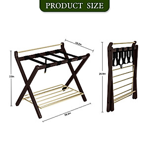 HLR Bamboo Luggage Rack for Guest Room, Folding Suitcase Stand with Metal Shelf&Back, Heavy Duty Luggage Holder for Bedroom, Living Room, Hotel, Espresso and Gold