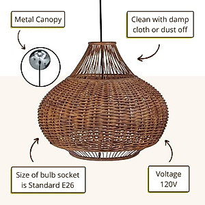 KOUBOO 1050064 Handwoven Wicker Pear Pendant lamp, 18" x 18" x 15", Rustic Brown