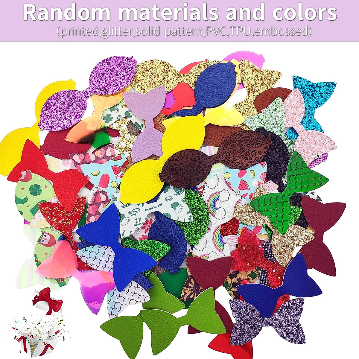 AOUXSEEM 50 Set 【Random Colors】 Bows DIY Making Kit for Beginners, Pre Cut Faux Leather Hairbows Contains Printed/Glitter/Embossed/Textured Fabric, with Alligator Clips for Women Girls Handmade Gift