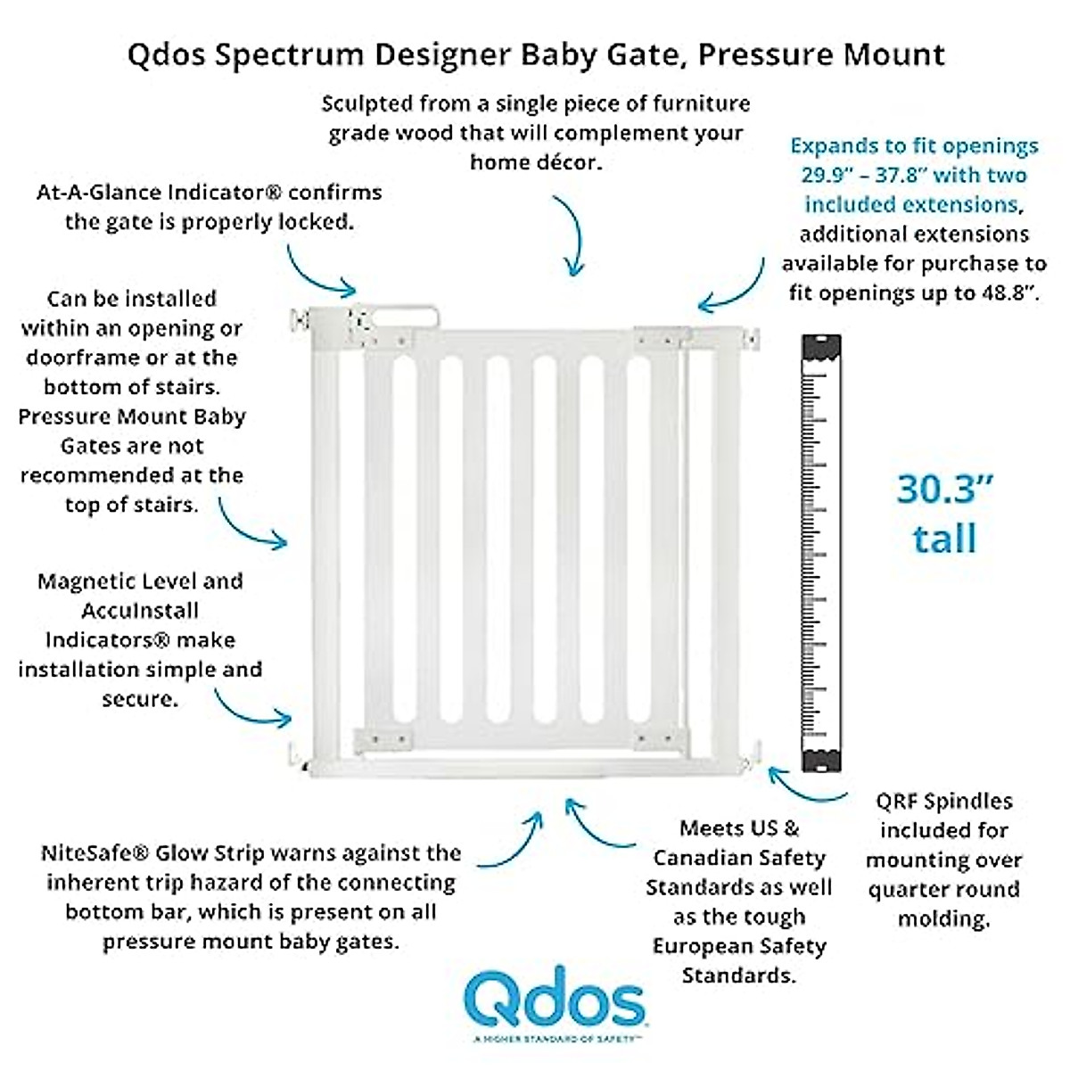 Qdos Safety Spectrum Designer Baby Safety Gate - Meets Tougher European Standards - Modern Design and Unparalleled Safety - Furniture Grade Wood - Simple Installation | Pressure Mount | White