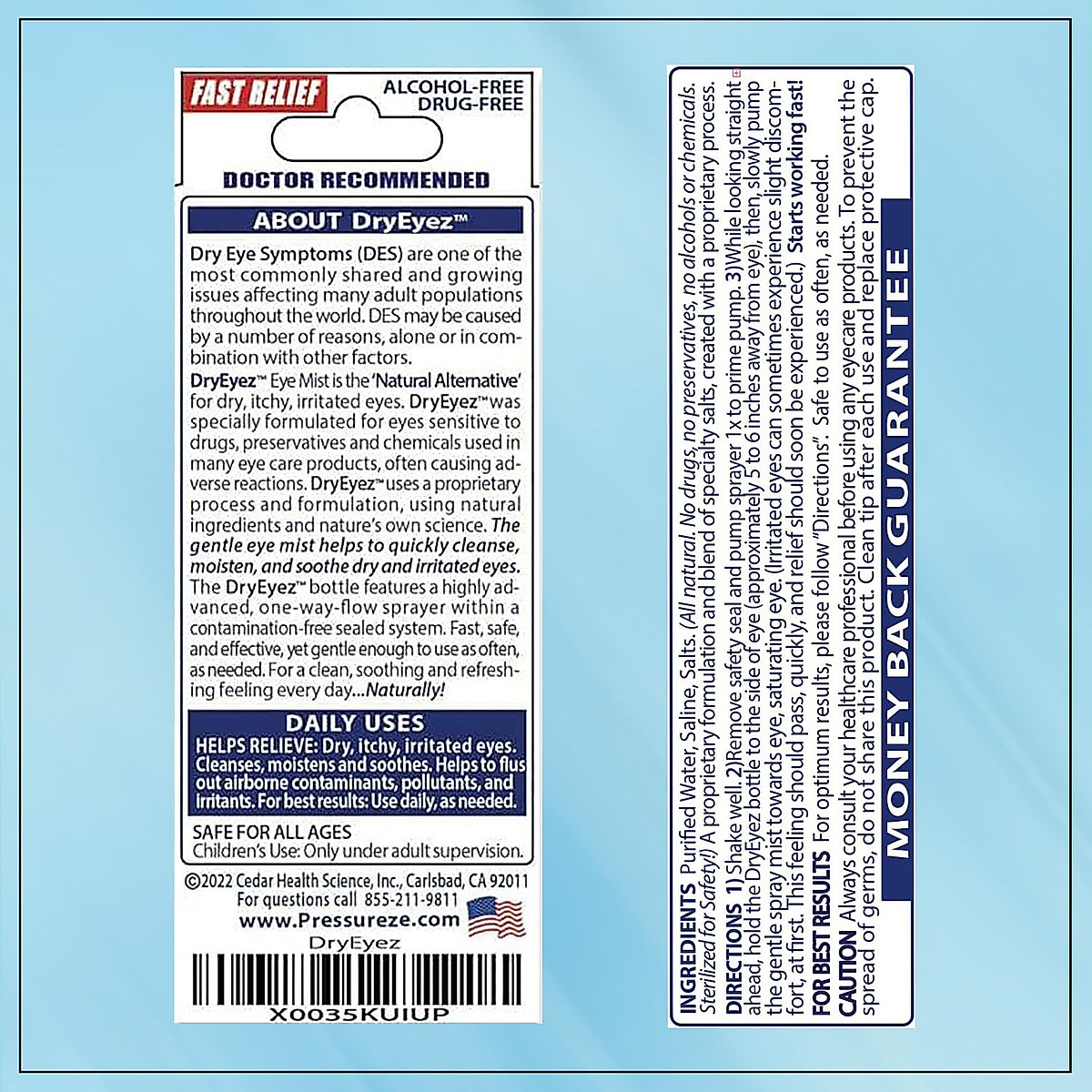 Pressureze DryEyez Natural Eye Relief for Sensitive Eyes. Dry Eyes, Sore Eyes, Irritated Eyes, Preservative-Free, Sterile. Cleanses, Moistens, Soothes 33ml, Made in USA (Pack of 1)