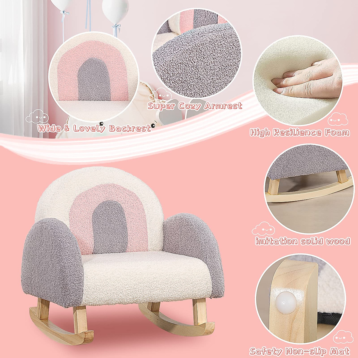 Dripex Childrens Rocking Chair, Upholstered Child Rocker, Kids Rocking Armchair with Solid Wood Legs, Kid Sofa Chair for Nursery, Playroom, Bedroom and Living Room (Pink)