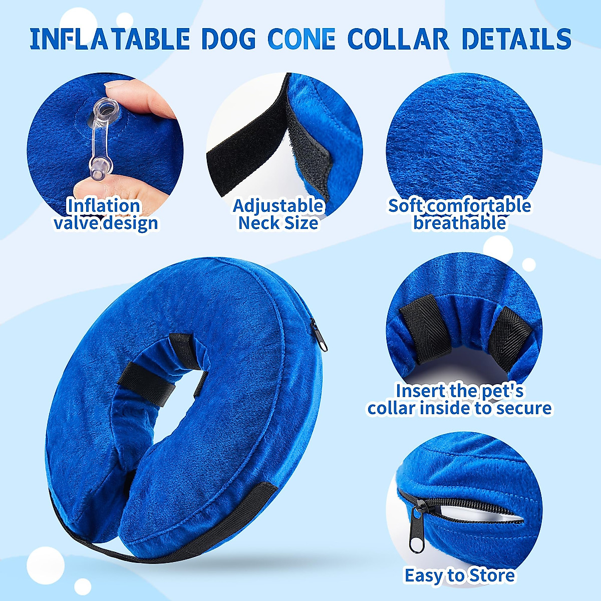 Anyoupin Inflatable Dog Cone Collar, Soft Cone for Dogs After Surgery Protective Recovery Alternative E Collar Cone for Small Dogs and Cats, Blue, S(Neck: 7-12")
