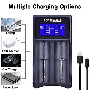 PowerTrust Smart Charger,LCD Universal Intelligent USB Dual Battery Charger for Rechargeable Li-ion Batteries 18650 26650 22650 18490 18350 17670 17500 16340 RCR123 14500, Ni-MH Ni-Cd A AA AAA C