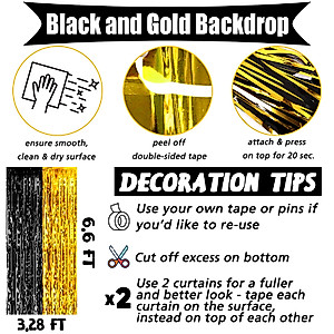 4 Pack 3.2Ft x 6.6Ft Black and Gold Fringe Curtain Backdrop, Metallic Tinsel Foil Fringe Streamers Curtains Background for Photo Booth Birthday Wedding Graduation Carnival Party Decorations