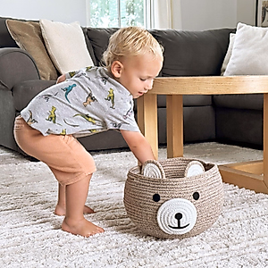 CherryNow Baby Basket for Nursery, Bear Gift Baskets for Kids, Baby Shower Basket with Handles, Small Cute Animal Baskets, Light Brown, 10.5"D x 8.5"H