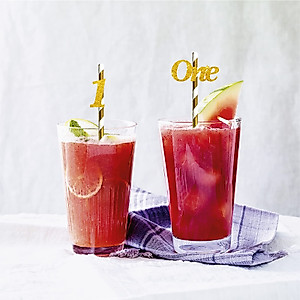 Happy 1st Birthday Straws, Gold Glitter 1 Year Old Paper Straws, 1st Anniversary/Birthday Party Drinking Decorative Straws - 24pcs