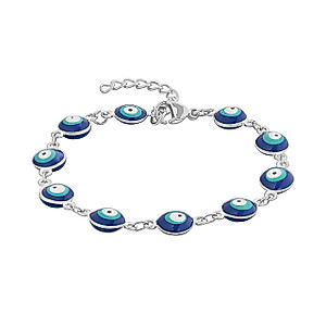 Edforce Stainless Steel Women's Charm Bracelet Green | Gold Enamel Evil Eye Protection Link Chain Adjustable, 8" (Aqua, Silver-and-Stainless-Steel)