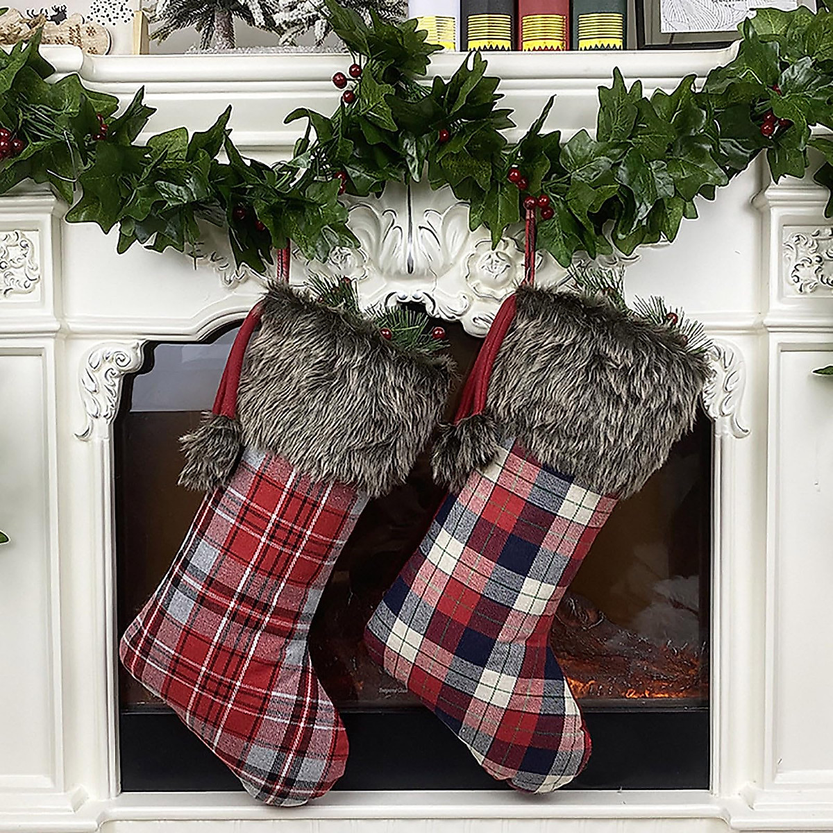 Christmas Stockings Personalized with Dog Paws Buffalo Plaid 18" Large Stocking Xmas Hanging Socks Red Set Modern Art Decor Set for Farmhouse Tree Fireplace Gifts Home Kitchen Car Season