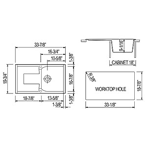 Alfi Brand AB1620DI-BLA Black 34" Single Bowl Granite Composite Kitchen Sink with Drainboard