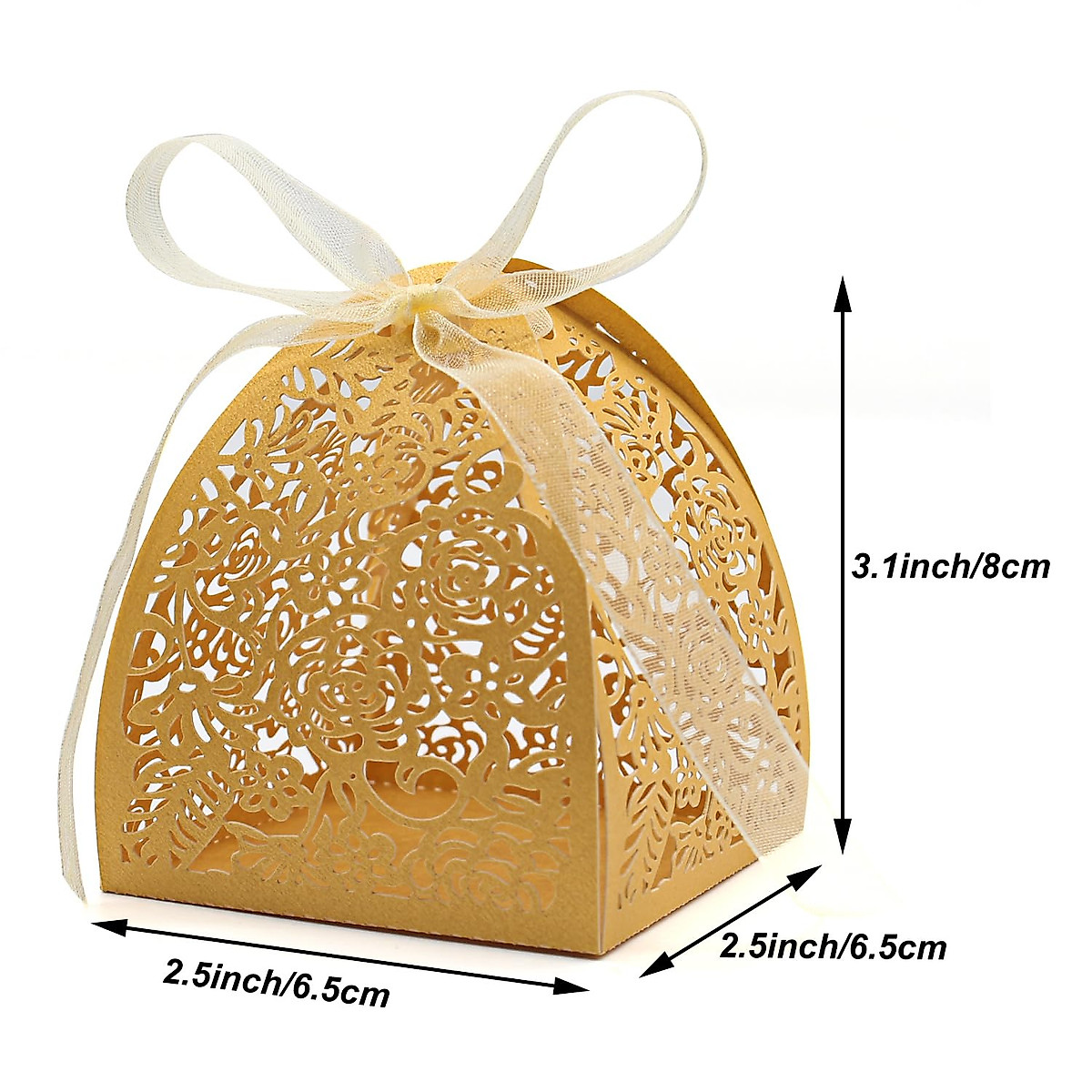 KPOSIYA Pack of 100 Laser Cut Rose Candy Boxes, Favor Boxes 2.5"x 2.5"x 3.1", Gift Boxes for Bridal Shower Anniverary Birthday Party Wedding Favor (100,Gold)