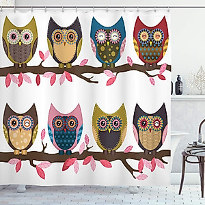 Ambesonne Owls Shower Curtain, Group of Owls Facial Expressions Winking Smiling Vintage Scrapbooking Retro Art, Cloth Fabric Bathroom Decor Set with Hooks, 69" W x 84" L, Multicolor