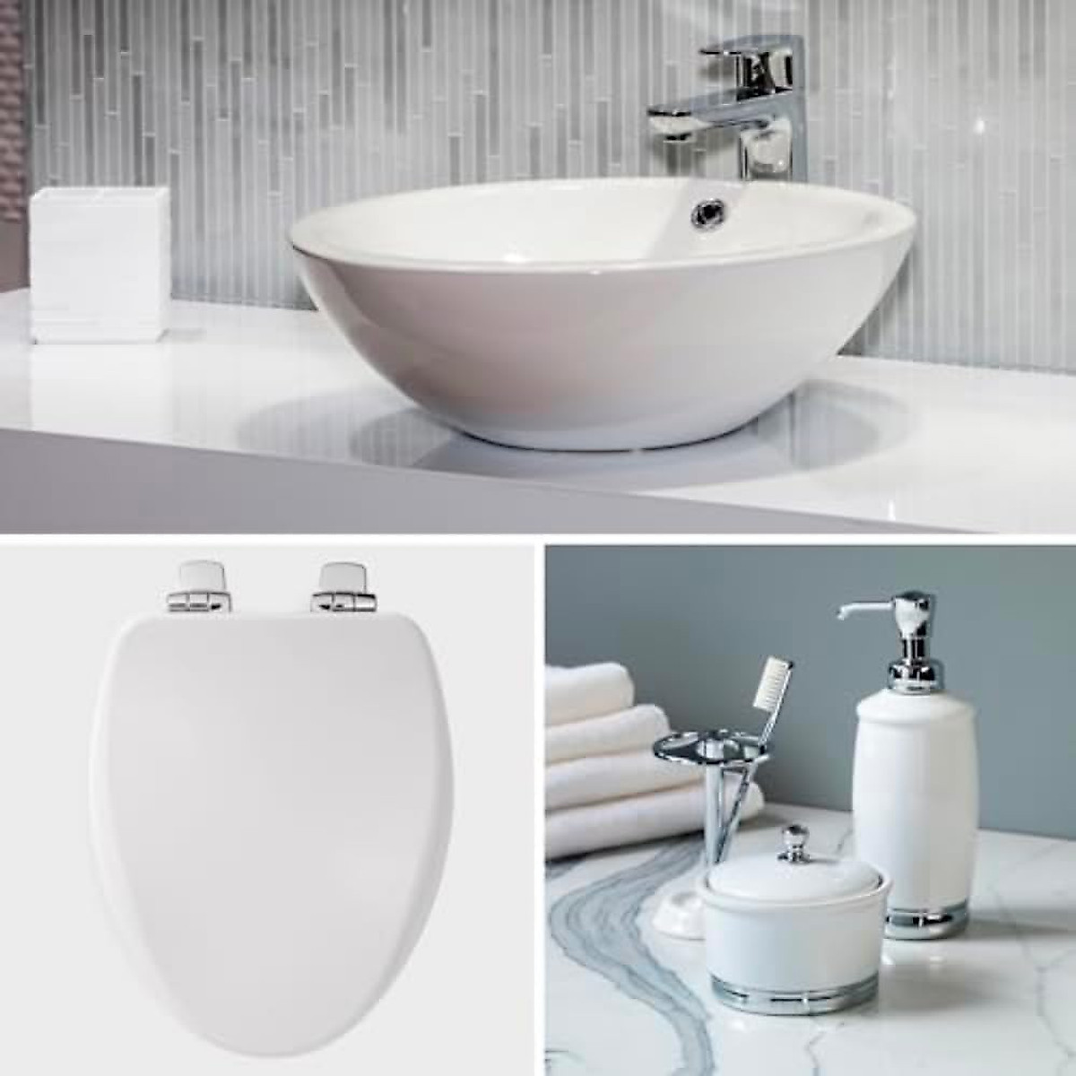 Bemis 19170CSLA 000 Alesio Toilet Seat with Chrome Hinges will Slow Close, Never Loosen and Provide the Perfect Fit, ELONGATED, High Density Enameled Wood, White