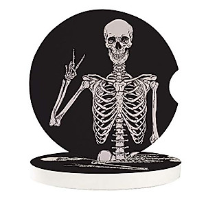 Cup Holders Car Coasters for Women/Men - 2 Pack Absorbent Ceramic Stone Drinks Coaster Set, Funny Skull Skeleton Halloween Victory