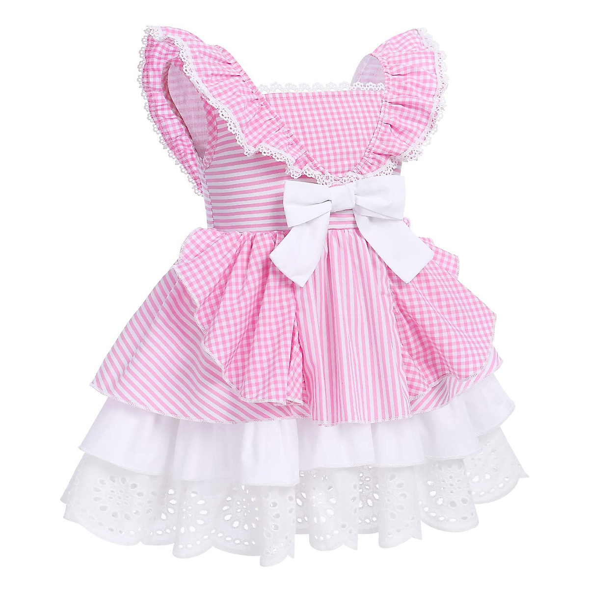 Toddler Baby Girl Tutu Dress Pink Plaid Dress Infant Pink Plaid Baby Girl Outfit Summer Sleeveless Stirped Ruffle Dress Bowknot Princess Birthday Party Dress Sundress with Headband Set Pink 6-12 Month
