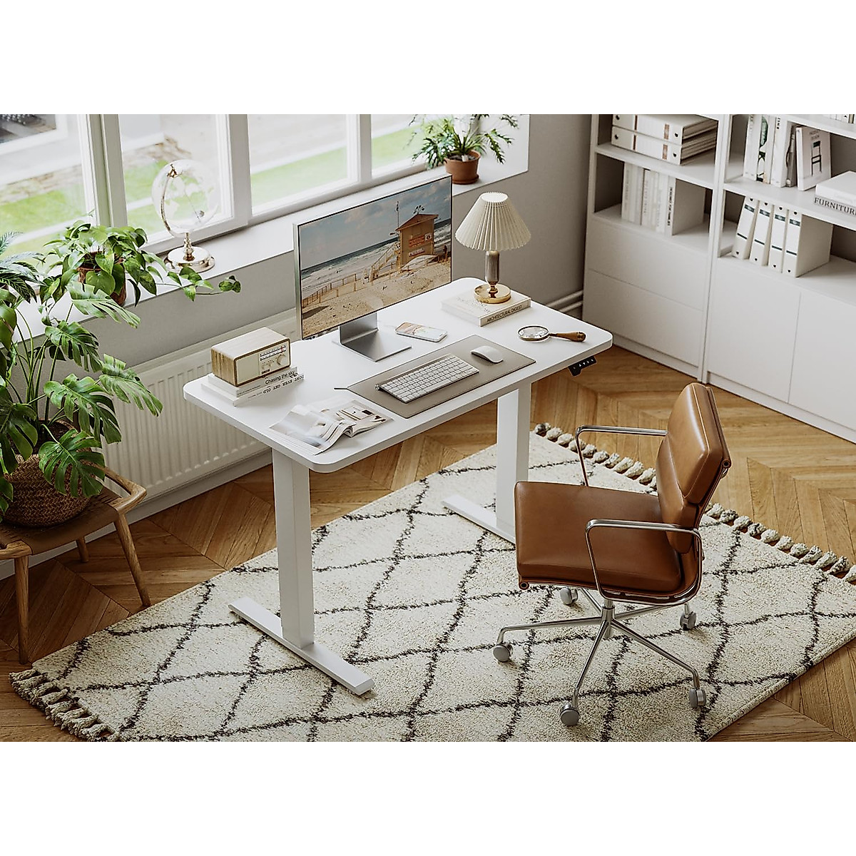 BANTI Small Electric Standing Desk, Stand up Height Adjustable Home Office Table, Sit Stand Desk with Splice Board, 43"x24", White Frame & White Top