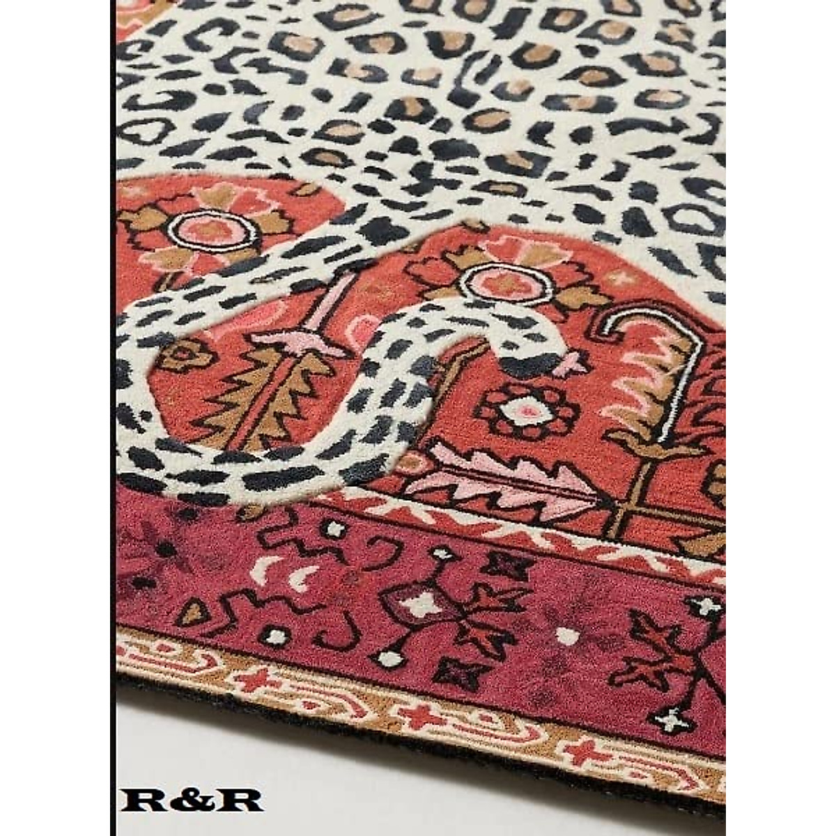 Restoration and Renovation Handmade White Leopard Rug with Blue/Red Persian Background | Animal Print Cheetah Wool Area Rug for Living Room, Bedroom and Kitchen (Red, 3x5 ft)