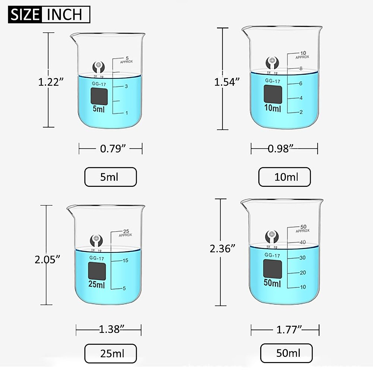 KNMNIU 50ml Low Form Glass Beaker, 3.3 Borosilicate Glass Graduated Printed Scale Measuring Cups with Spout for Kitchen Lab Liquids,4 PACK