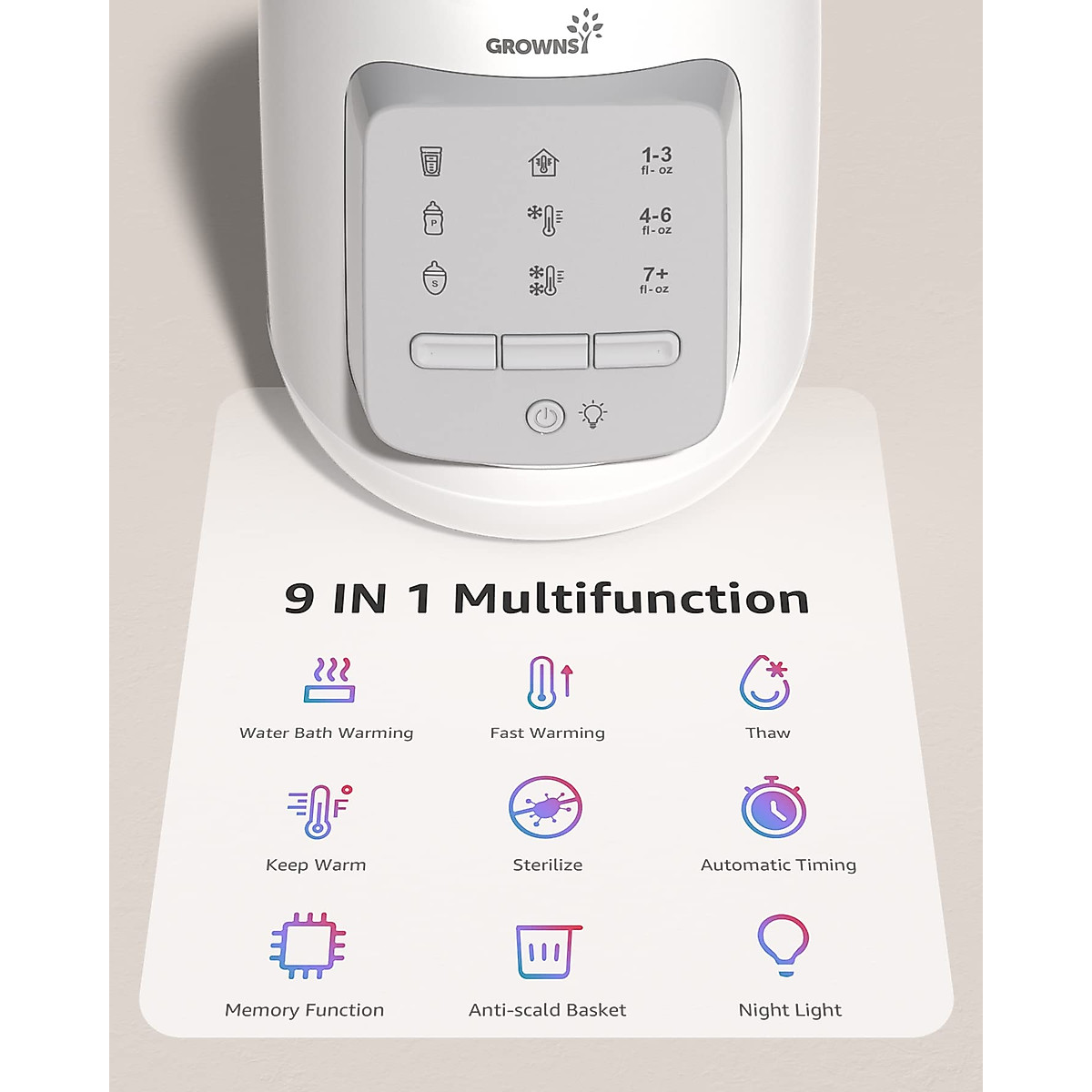 GROWNSY Bottle Warmer, 9-in-1 Water Bath Nutri Baby Bottle Warmer, Fast & Easy Milk Warmer for Breastmilk& Formula, Auto Timer, Defrost, Steri-lize, Warms Baby Milk to Body Temp and Maintain Nutrients