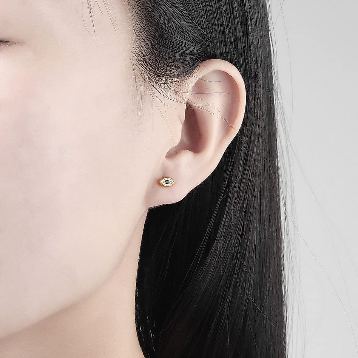 Dainty Evil Eye Mini Stud Earrings Sterling Silver Blue Crystal CZ Wedding Earring Ear Piercing Studs for Women (Gold)