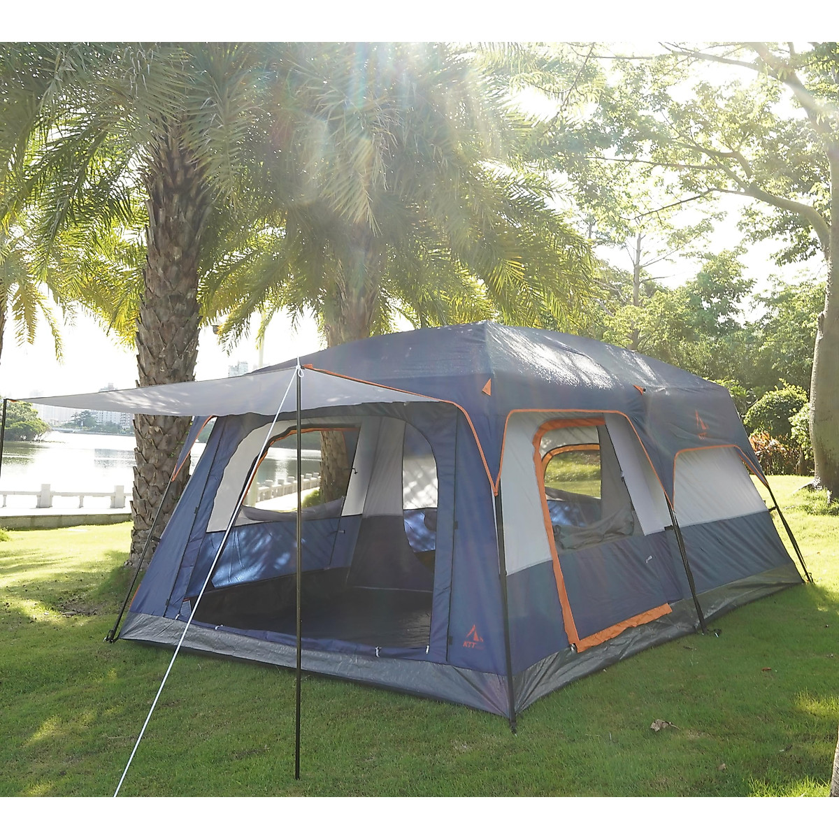 KTT Extra Large Tent 10-12 Person(B),Family Cabin Tents,2 Rooms,3 Doors and 3 Windows with Mesh,Straight Wall,Waterproof,Double Layer,Big Tent for Outdoor,Picnic,Camping,Family Gathering(Dark Blue)