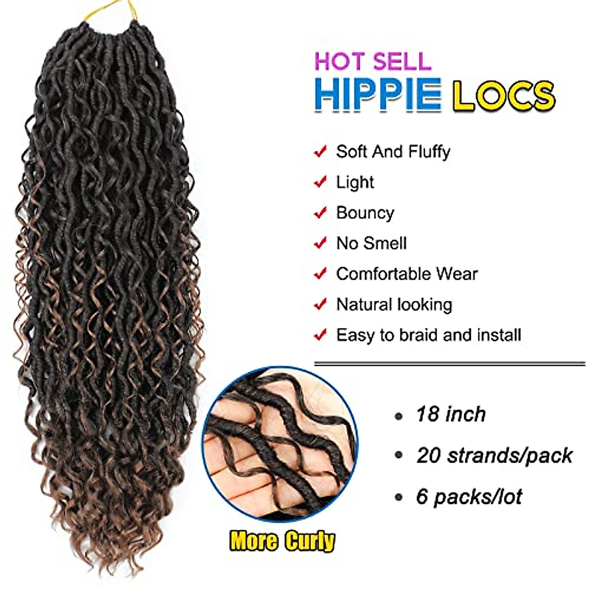 6 Packs Curly Goddess Faux Locs Crochet Hair for Black Women, 18 Inch Goddess Locs Crochet Hair Hippie Locs Synthetic Braids, Boho Style Hair Extensions (18 Inch, 6 Packs, T1B/30)