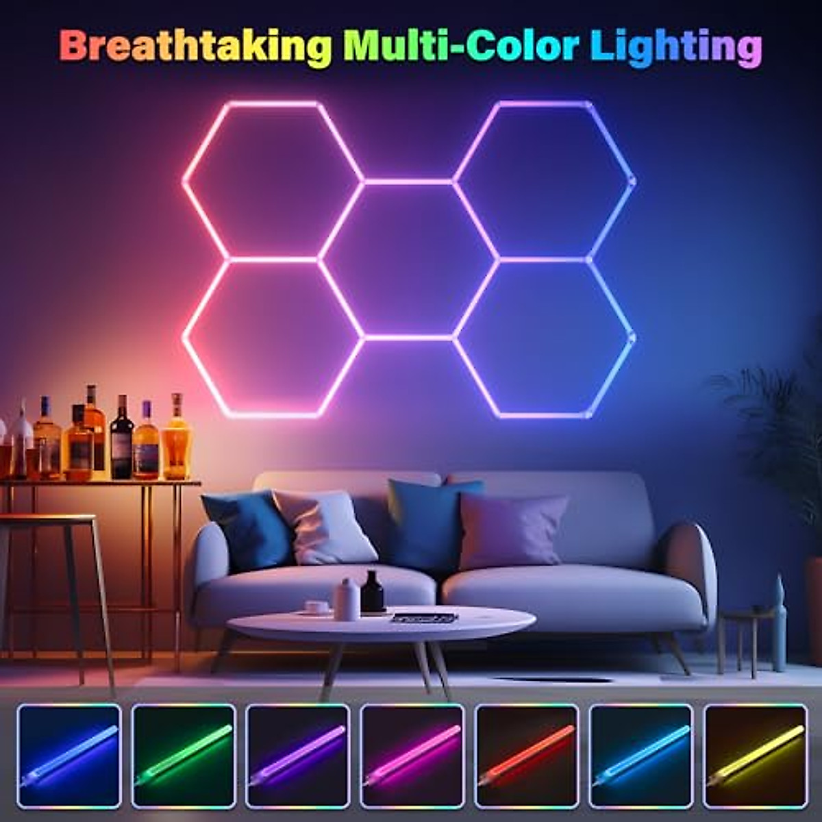 ALLYES RGB Hexagon Light - LED Garage Hexagon Light with 358 Color Modes, Dimmable and Speed Adjustable LED Hexagon Lights, DIY, for Gaming Room, Bar, Party, Live Room, Music Studio, Gym, 5-Pack