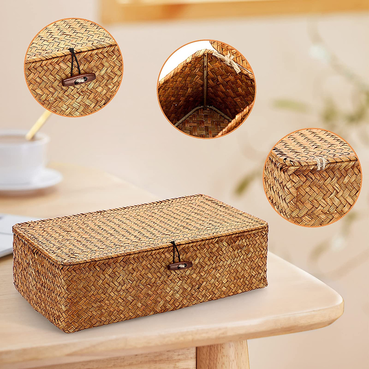 ELLDOO Tea Bags Box with Lid, Wicker Rattan Sugar Packet Holder Coffee Station Condiment Organizer Countertop Storage Desk Baskets for Pantry Coffee Bar Shelves, 8 Grids