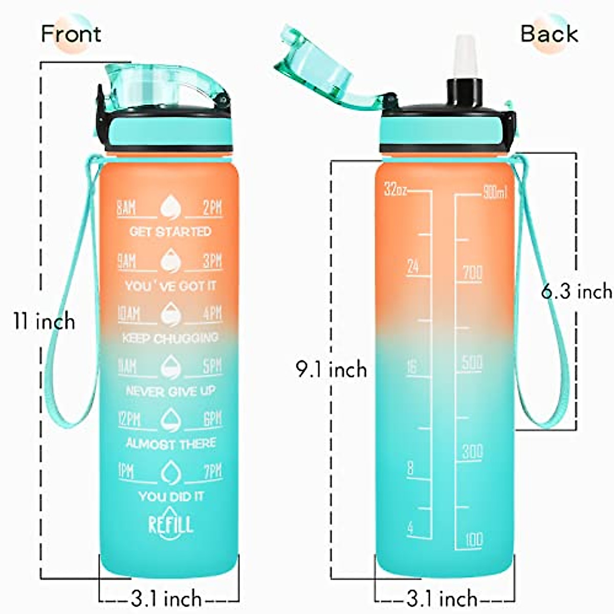 Enerbone 32 oz Water Bottle, Leakproof BPA & Toxic Free, Motivational Water Bottle with Times to Drink and Straw, Fitness Sports Water Bottle with Strap for Office, Gym, Outdoor Sports, Orange-Green
