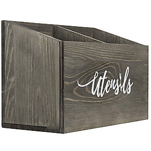 MyGift 2-Slot Rustic Gray Wood Kitchen Utensil Holder for Countertop, Cooking Tools Organizer Caddy with Cursive Utensils Word Design