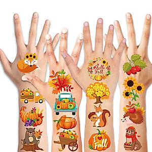 HOWAF 96 Pieces Fall Temporary Tattoos, 48 Styles Autumn Harvest Temporary Tattoos Stickers for Kids, Thanksgiving Fake Tattoos with turkeys, owls, squirrels, pumpkins, maple leaves design for Happy Fall Decoration