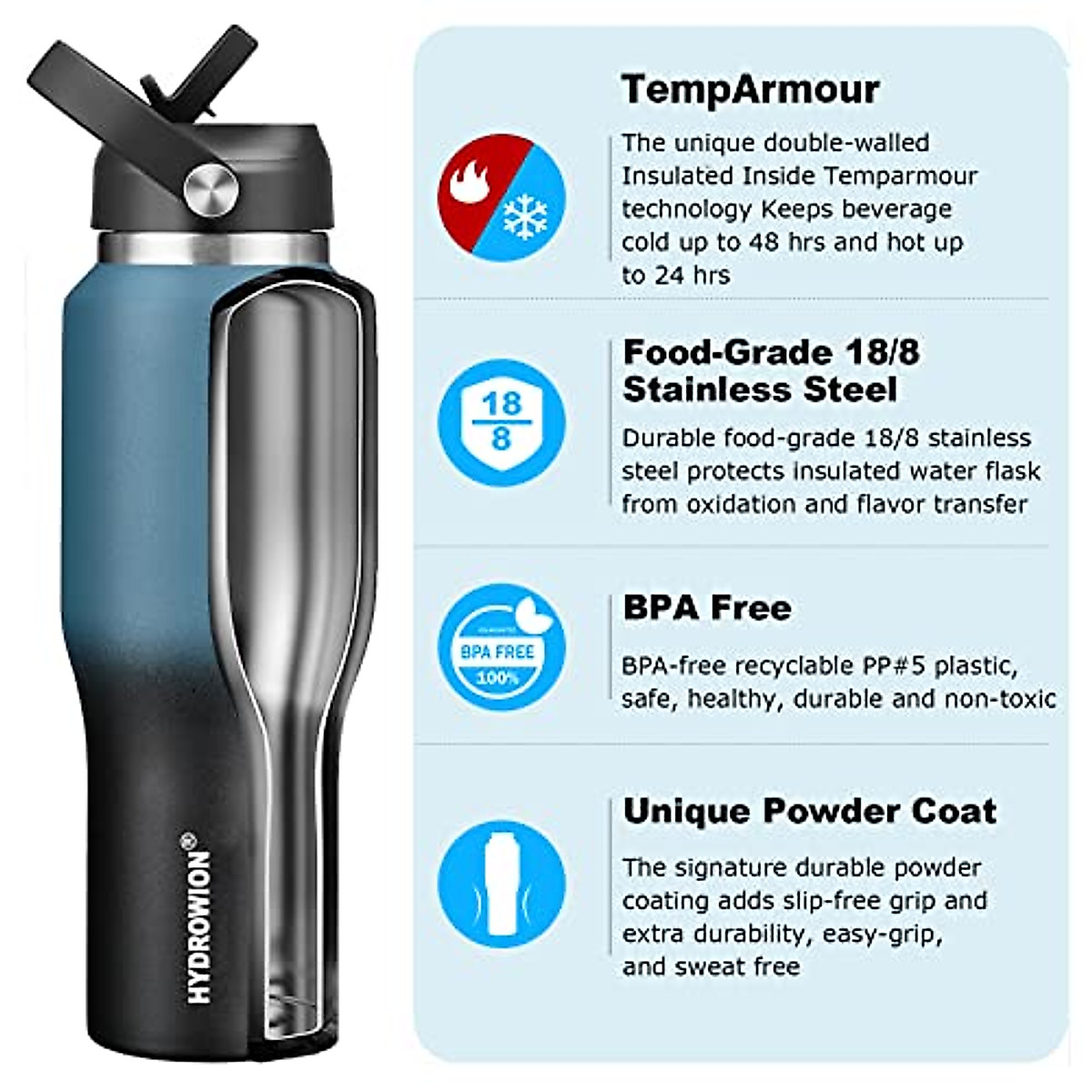 HYDROWION 32oz Water Bottle, Double Wall Vacuum Stainless Steel Insulated Water Flask with Straw Lid, Spout Lid and Flex Cap(Cold for 48 Hrs, Hot for 24 Hrs), Leakproof Travel Thermo Mug, Blue&Black