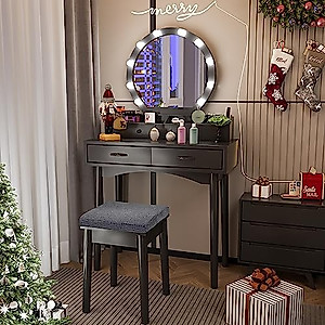 ISHARINGTIME Vanity Table, Vanity Desk with Lighted Mirror, 4 Drawers Makeup Table with Soft Cushioned Stool for Bedroom Studio (Black) TYVT010BK