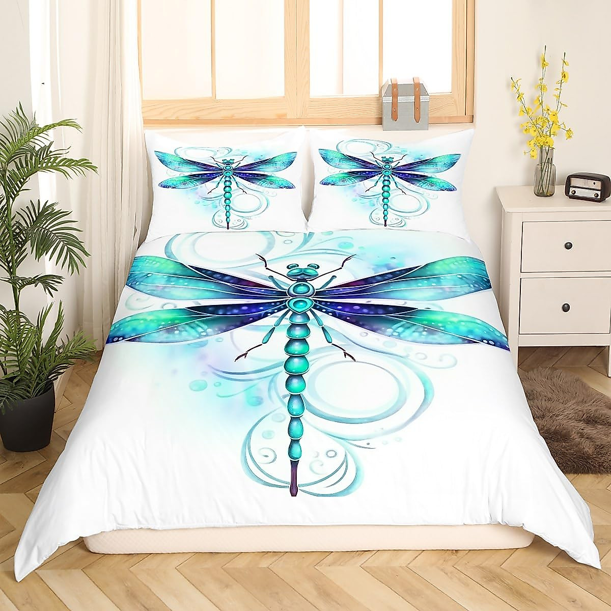 Teal Dragonfly Duvet Cover Queen Size,Nature Flying Animals Comforter Cover with 2 Pillowcase for Teens Adults,Kids Abstract Flowers Bedding Set,Bohemian Breathable 3 Pieces Decorative Bed Cover