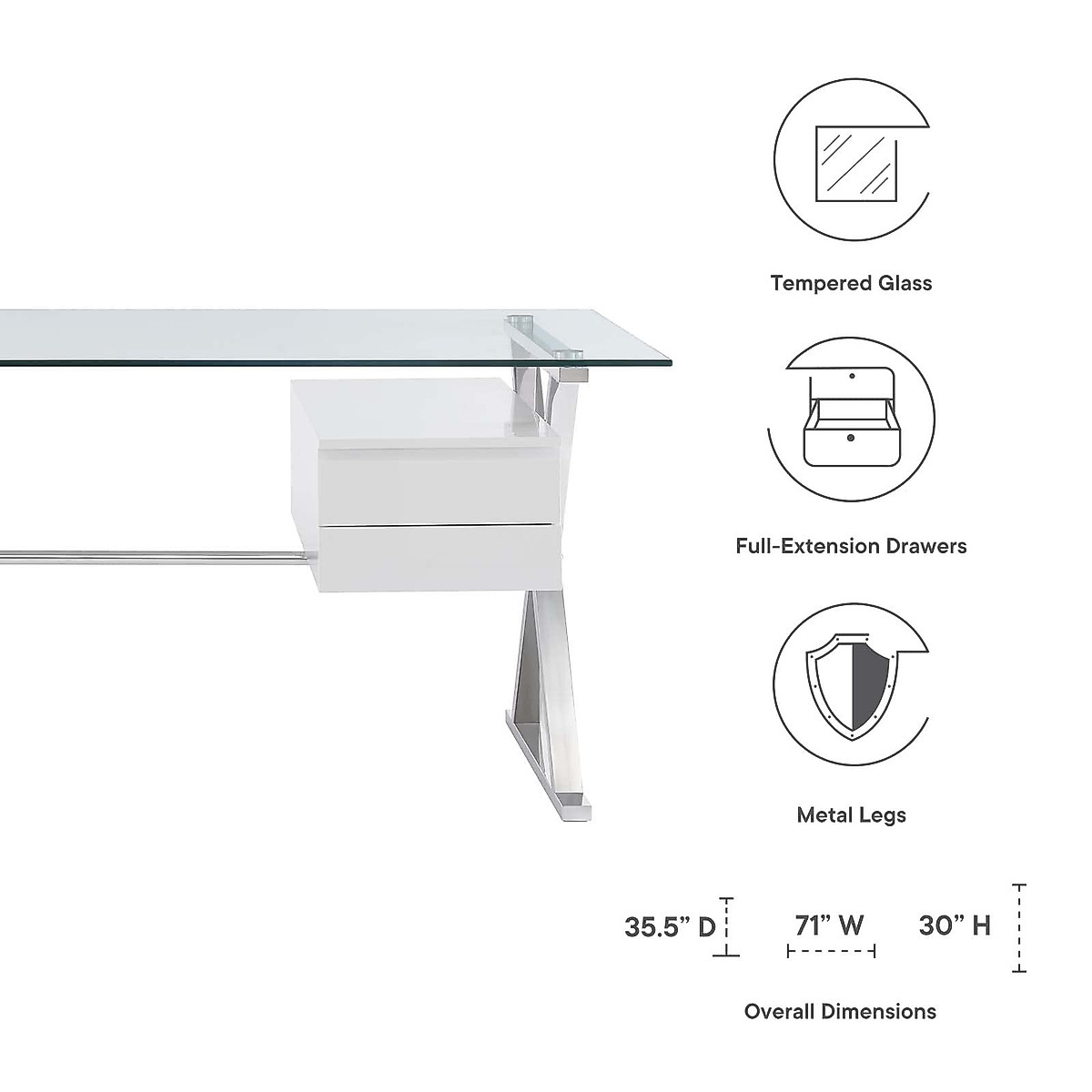 Modway EEI-6226-WHI Sector 71" Glass Top Glass Office Desk, White