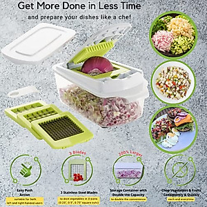 Brieftons QuickPush Food Chopper: Strongest & 200% More Container Capacity, 30% Heavier Duty, Fruit & Vegetable Chopper, Onion Chopper Vegetable Cutter, with 3 Dicer Blades & Keep-Fresh Lid, 5 Ebooks