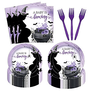 96Pcs Halloween Baby Shower Party Plates Supplies - A Baby is Brewing Halloween Party Tableware Decorations Gender Reveal Disposable Paper Plates Napkins Forks for for Baby Boy Girl Serves 24 Guests