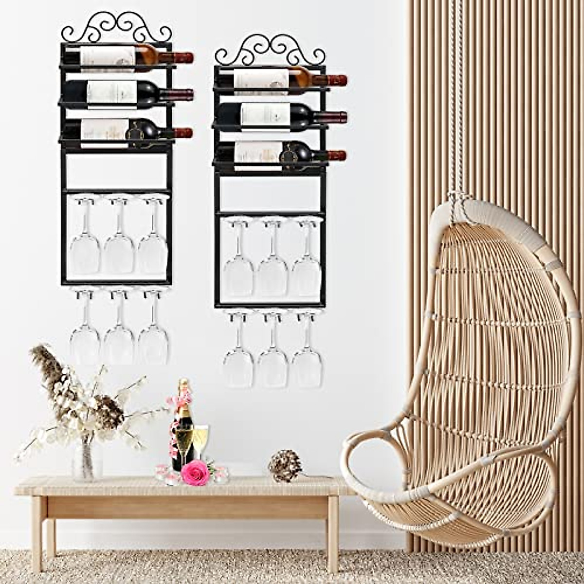AUHOKY Wine Glass Rack Wall Mounted, 5 Layers Hanging Metal Wine Bottle Holder Organizer Holds 3 Bottles 6 Stemware Glasses, Wine Display Storage Holder for Kitchen Dining Room Bar Decor