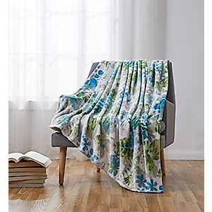 Watercolor Tropical Palm and Flowers Throw Blankets: Soft Plush Floral Accent for Sofa Couch Chair Bed or Dorm, Blue Green Gray (Paradise)
