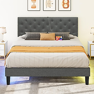YITAHOME Queen Size Bed Frame, LED Bed Frame with Upholstered Adjustable Diamond Headboard, Platform Bed with USB Ports & Motion Sensor Light, Easy Assembly, No Box Spring Needed, Gray