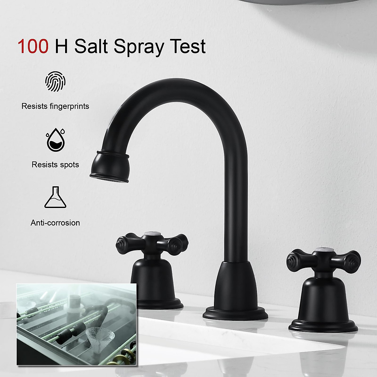 RKF Bathroom Faucets for Sink 3 Hole Matt Black 8 inch Widespread Bathroom Sink Faucet with Drain 2 Handles Cross Knobs Faucet Bathroom Vanity Faucet Basin Mixer Tap Faucet with Hose & Deck CWF039-MB