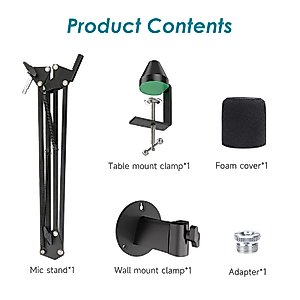 YOUSHARES MV7 Wall Mount Boom Arm Stand with Mic Windscreen and Table Mount Clamp, Mic Stand Arm with Pop Filter Compatible with Shure MV7 and Shure MV7X Microphone
