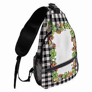 Gsypo Sling Backpack, St.Patrick's Day Shamrocks Gold Black Buffalo Plaid Waterproof Lightweight Small Sling Bag, Travel Chest Bag Crossbody Shoulder Bag Hiking Daypack for Women Men