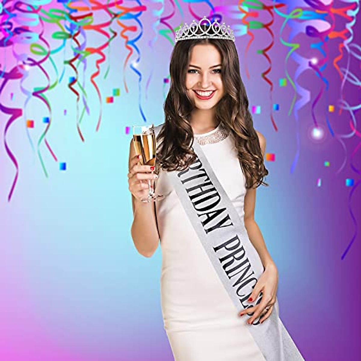 Rosavida 2-piece suit BIRTHDAY PRINCESS Sash and Rhinestone Tiara Kit Birthday Gifts Glitter Sash and Birthday Crowns for Women Girl Party Decoration (Silver)