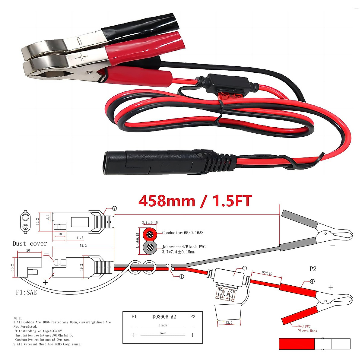 SAE to Battery Alligator Clip - KUNCAN 1.5FT 12V SAE 2Pin Quick Disconnect Cable SAE to Battery Clamp Cord 7.5A Fuse (2 Pack)